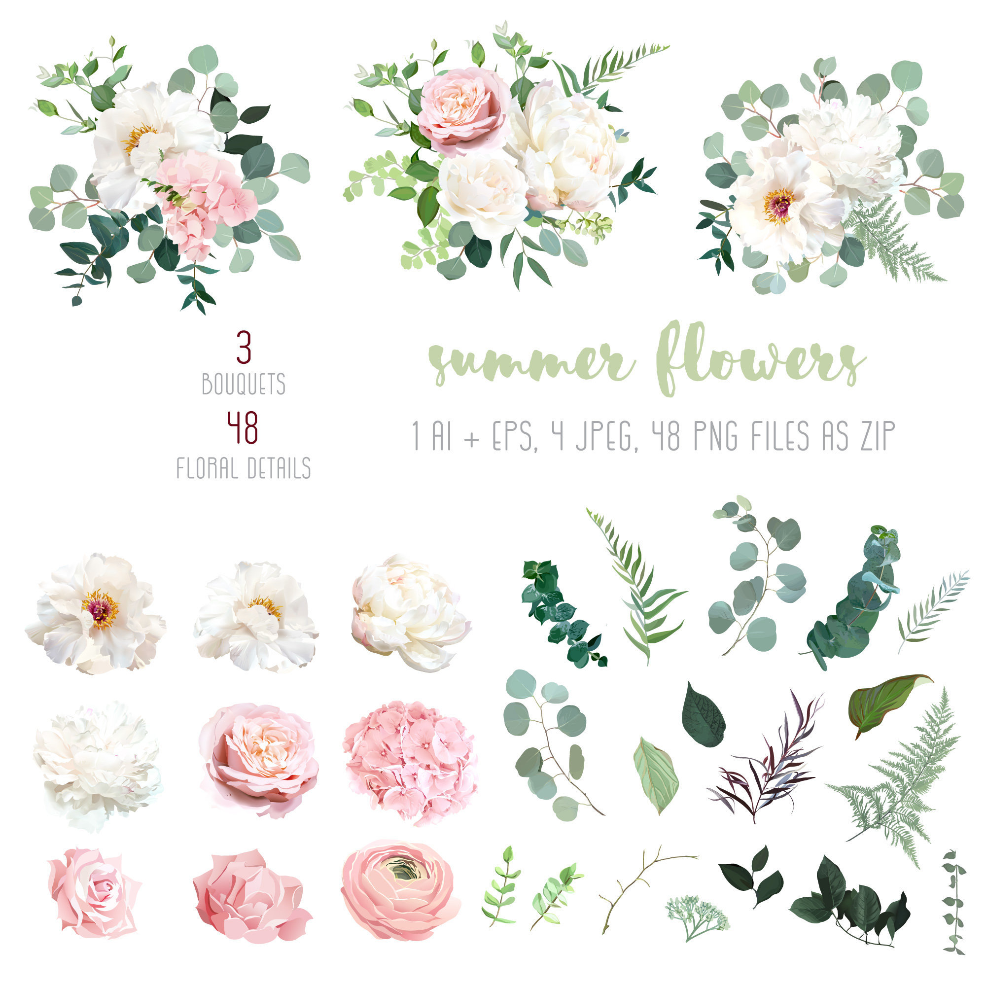 Blush Pink Rose and Sage Greenery, Ivory Peony, White Hydrangea ...