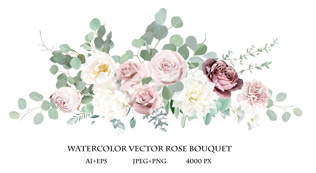 Silver Sage Green and Blush Pink Flowers Vector Design Bouquet. Dusty ...