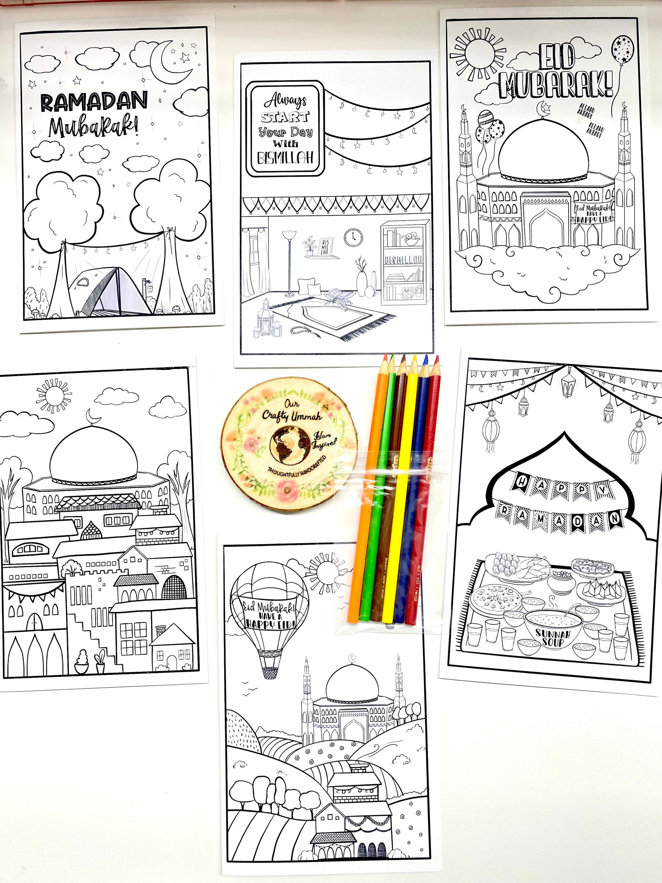 Ramadan and Eid Coloring Cards With Pin and Keychain Ramadan Kids ...