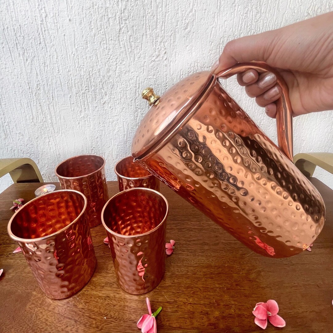 Handmade Copper Jug Set With 4 Glasses| Artisan-hammered by Indian ...
