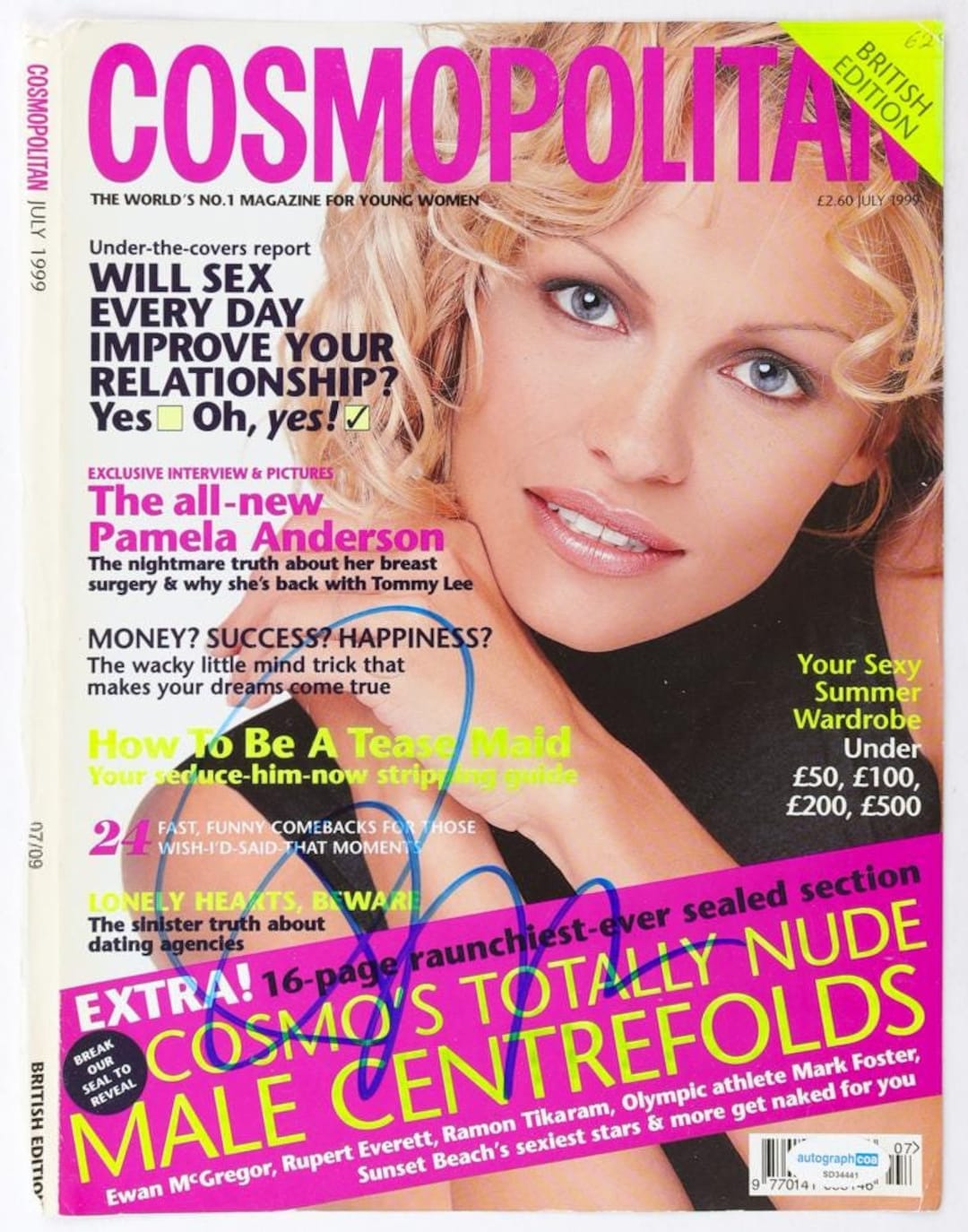 Pamela Anderson Signed 1999 Cosmopolitan Magazine Cover (autographcoa ...