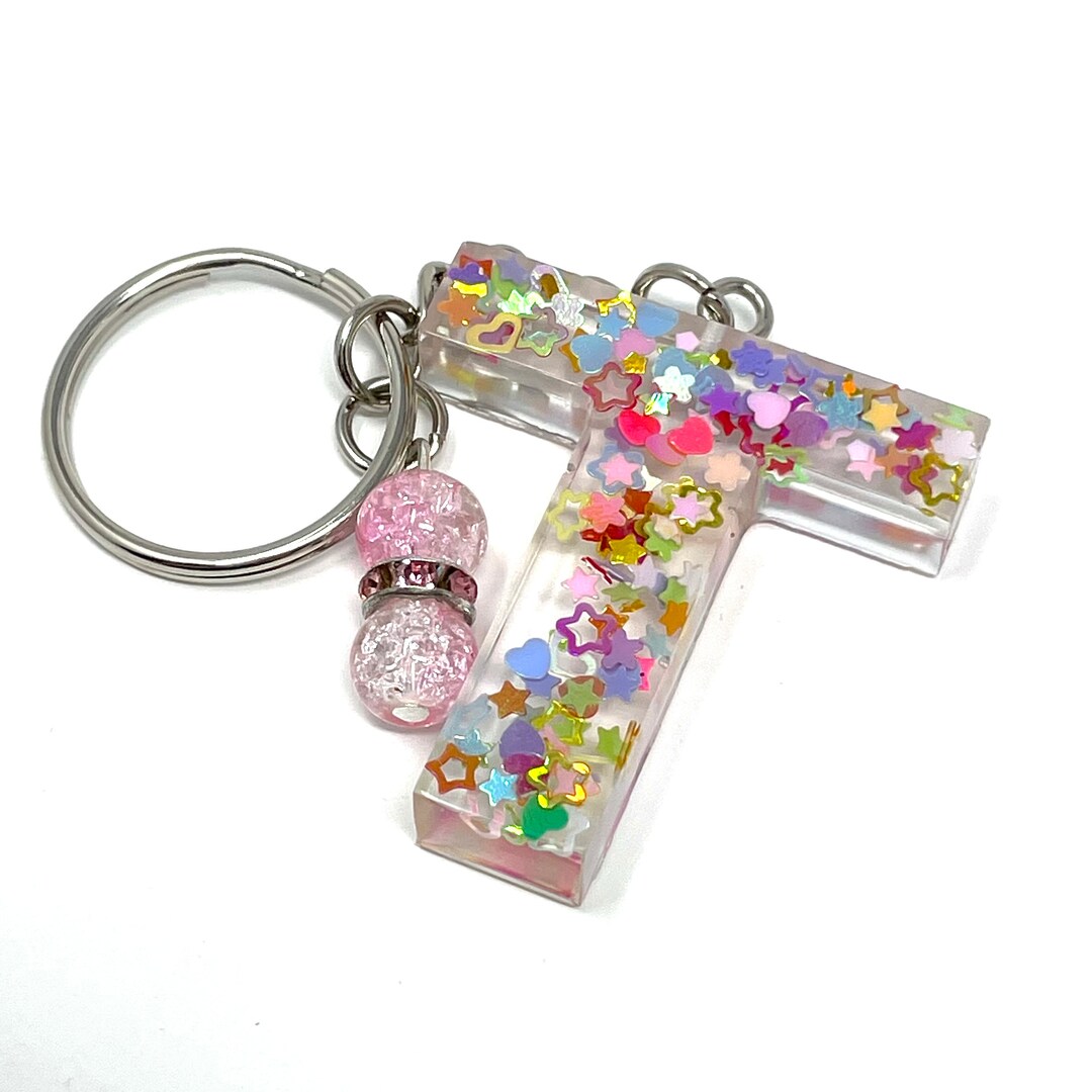 Rainbow Confetti Letter T Keychain | Handmade Resin Gift - Etsy