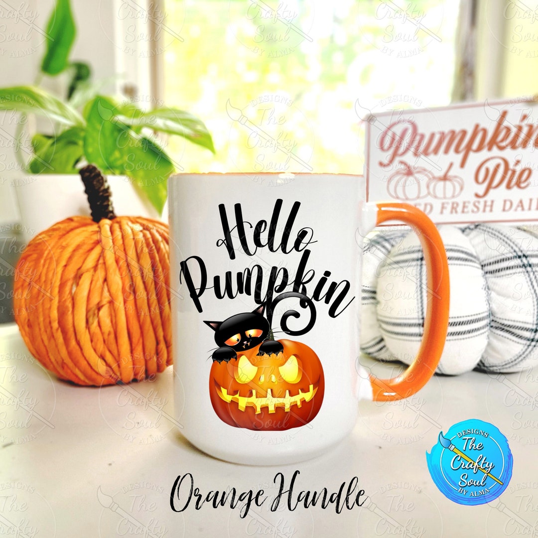Hello Pumpkin Ceramic Mug Pumpkin and Black Cat Coffee Mug by - Etsy