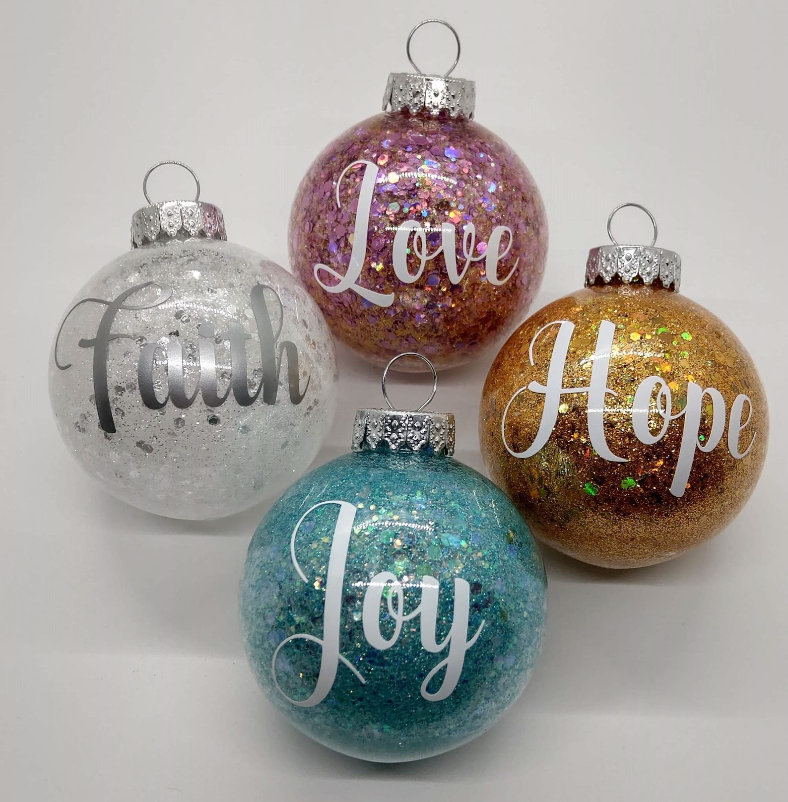 Faith, Hope, Love, Joy Glitter Christmas Ornaments - Set of 4 - Etsy