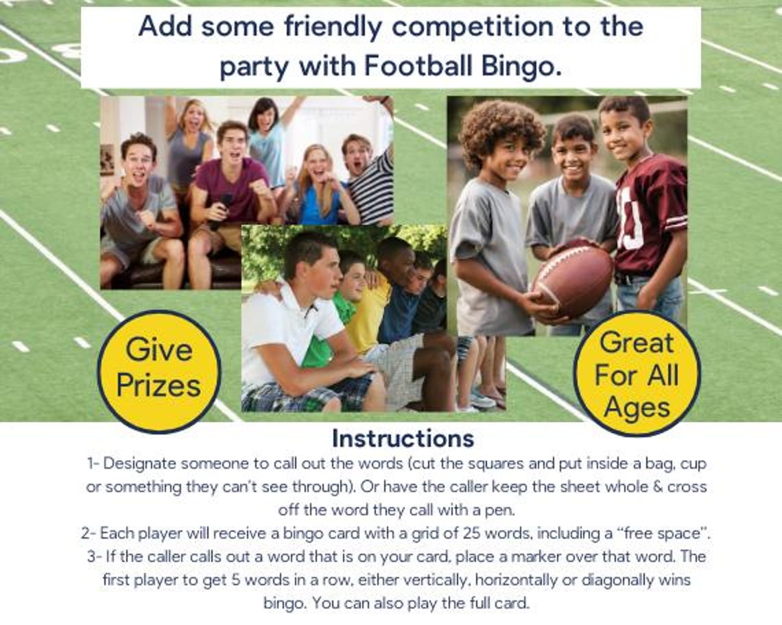 Football Bingo Game for Football Party Printable Bingo Game Day Bingo ...