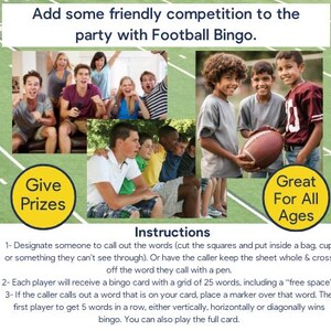 Football Bingo Game for Football Party Printable Bingo Game Day Bingo ...
