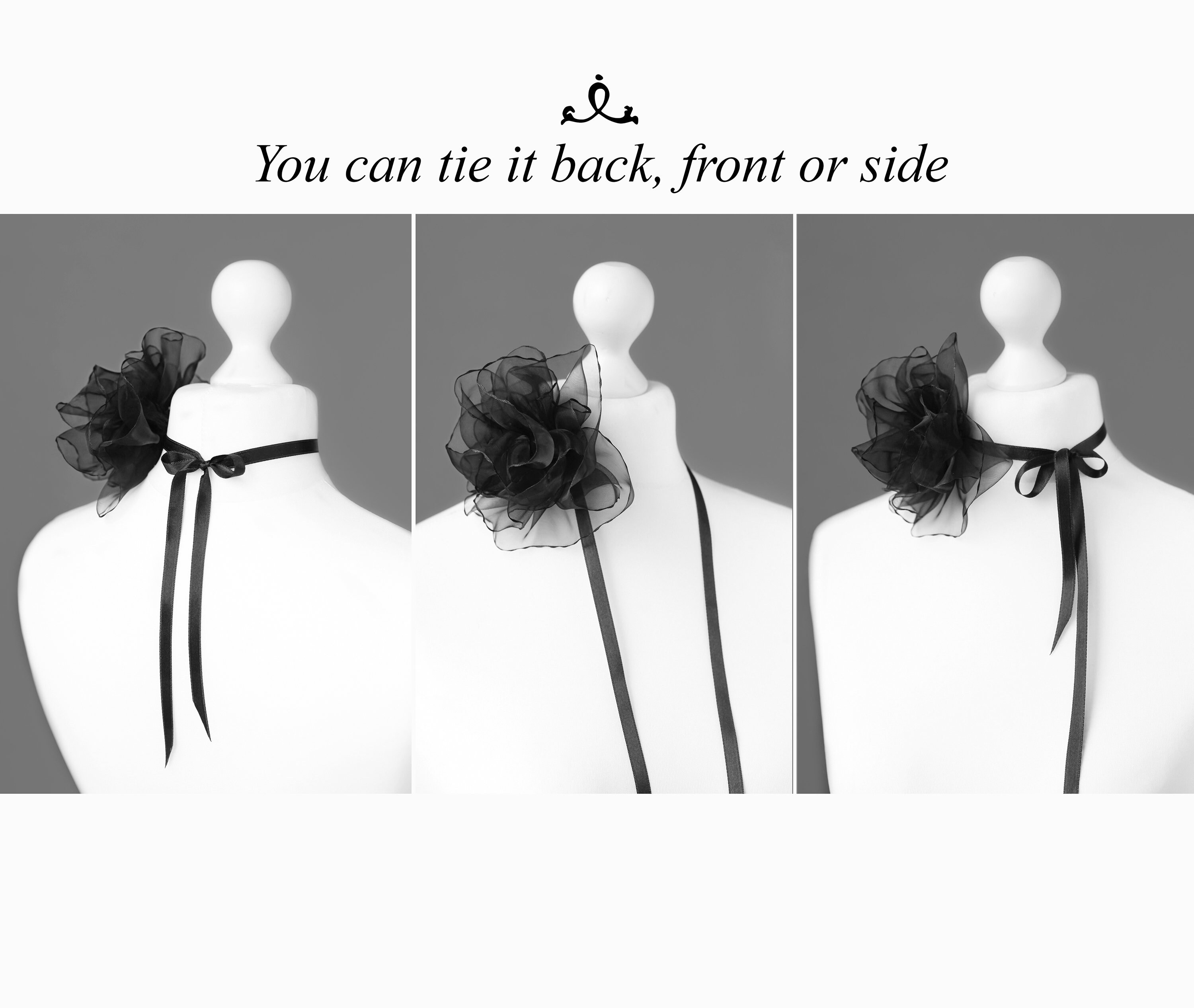 Large Black Organza Flower Choker Necklace With Satin Ribbon Flower ...