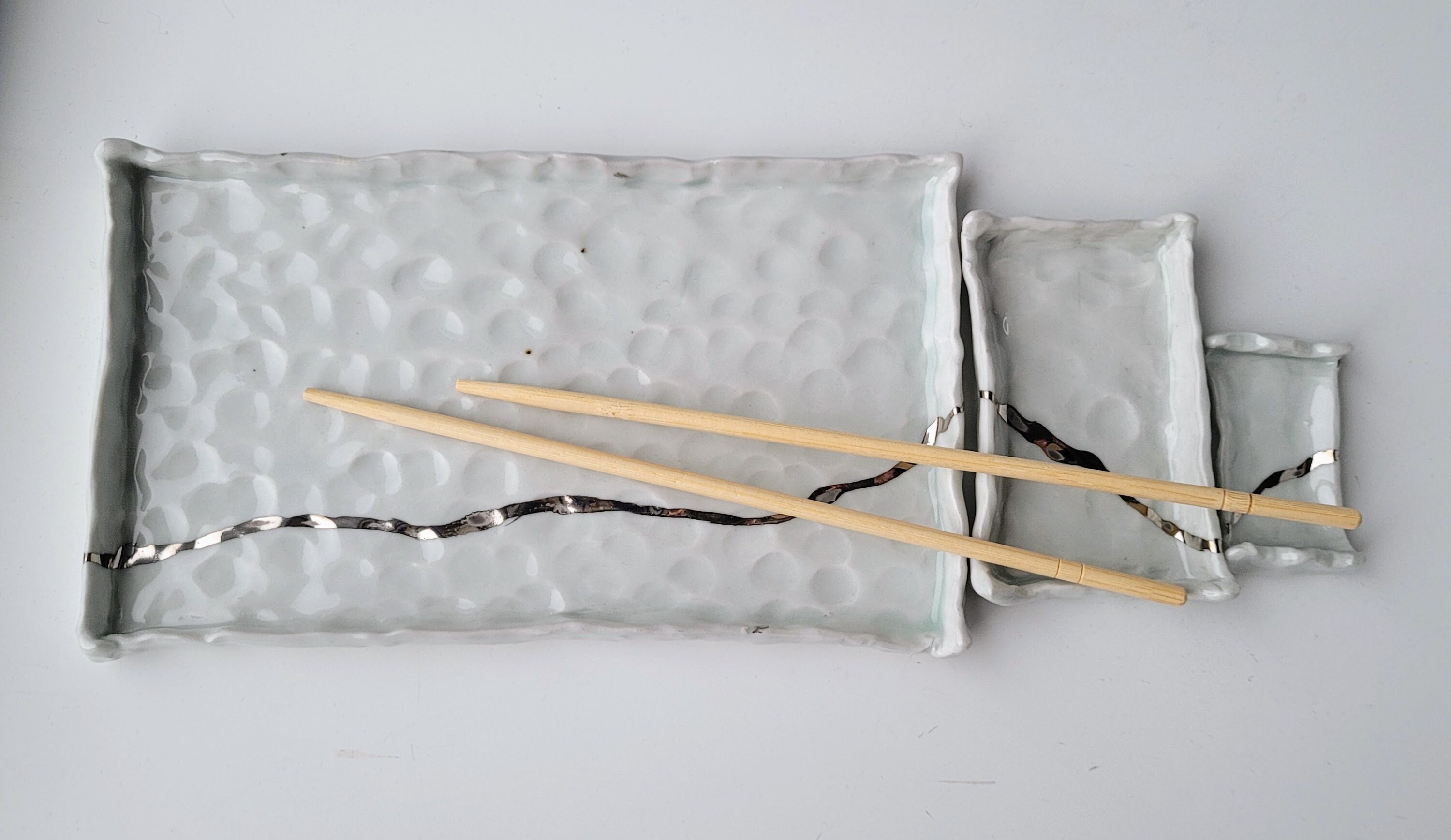 Silver Landscape Line Sushi Set With Plate, Soy Sauce Bowl and ...