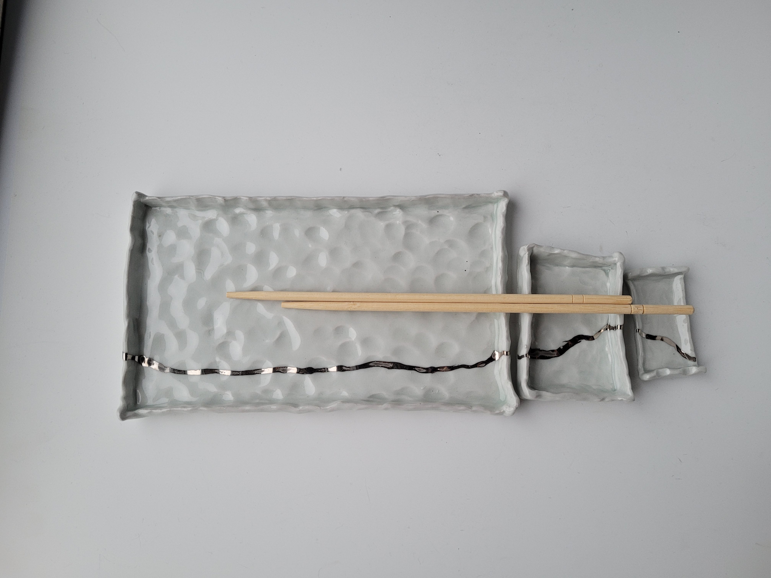 Silver Landscape Line Sushi Set With Plate, Soy Sauce Bowl and ...