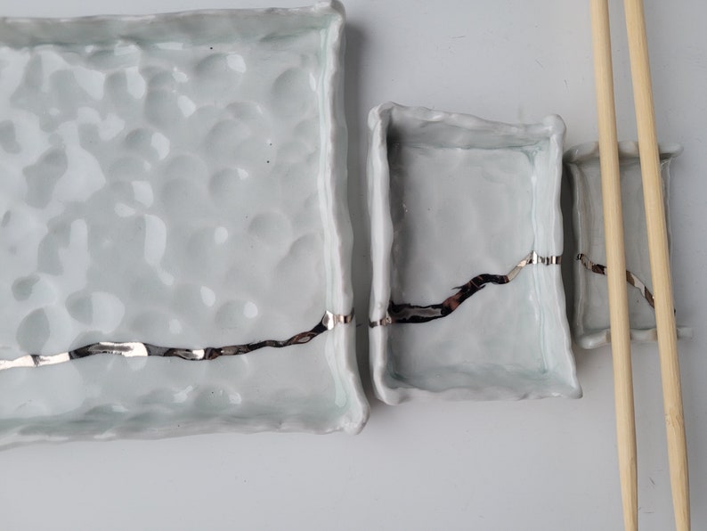 Silver Landscape Line Sushi Set With Plate, Soy Sauce Bowl and ...