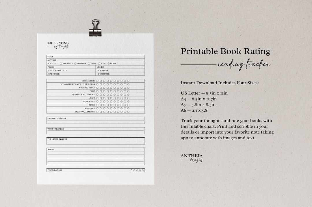 Book Rating, Printable Detailed Book Review, Book Review, Reading ...