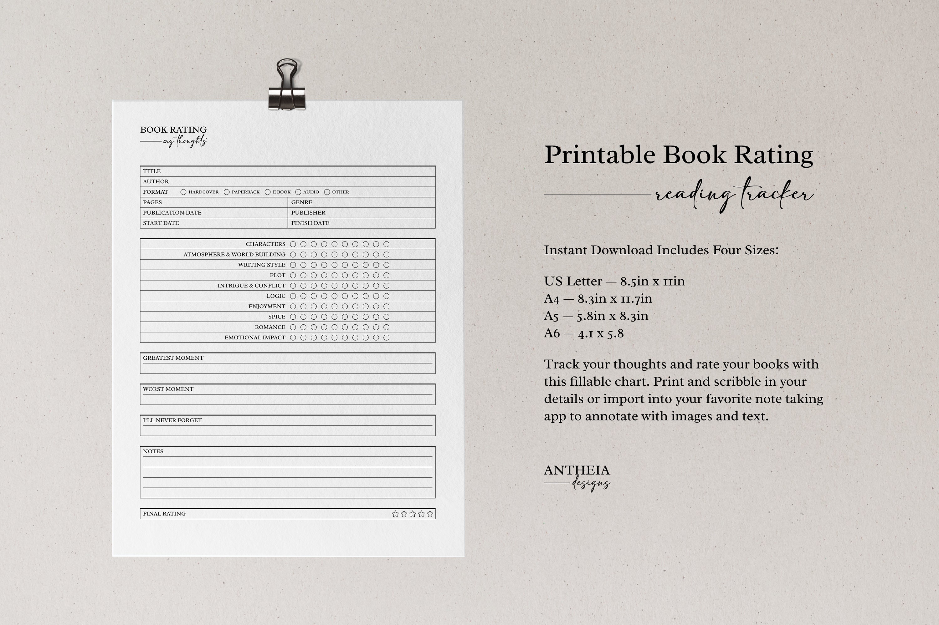 Book Rating, Printable Detailed Book Review, Book Review, Reading ...