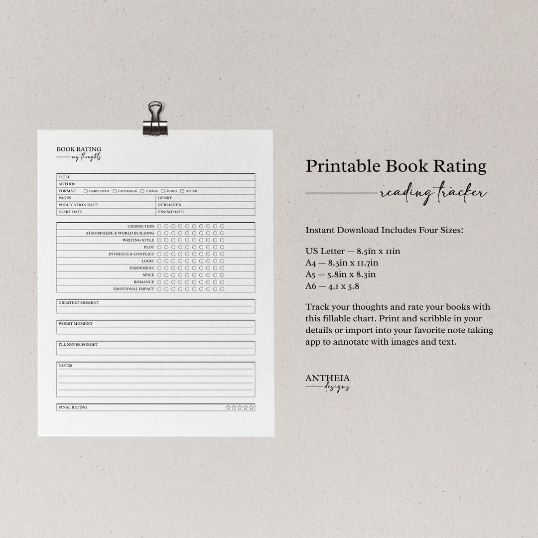 Book Rating, Printable Detailed Book Review, Book Review, Reading ...