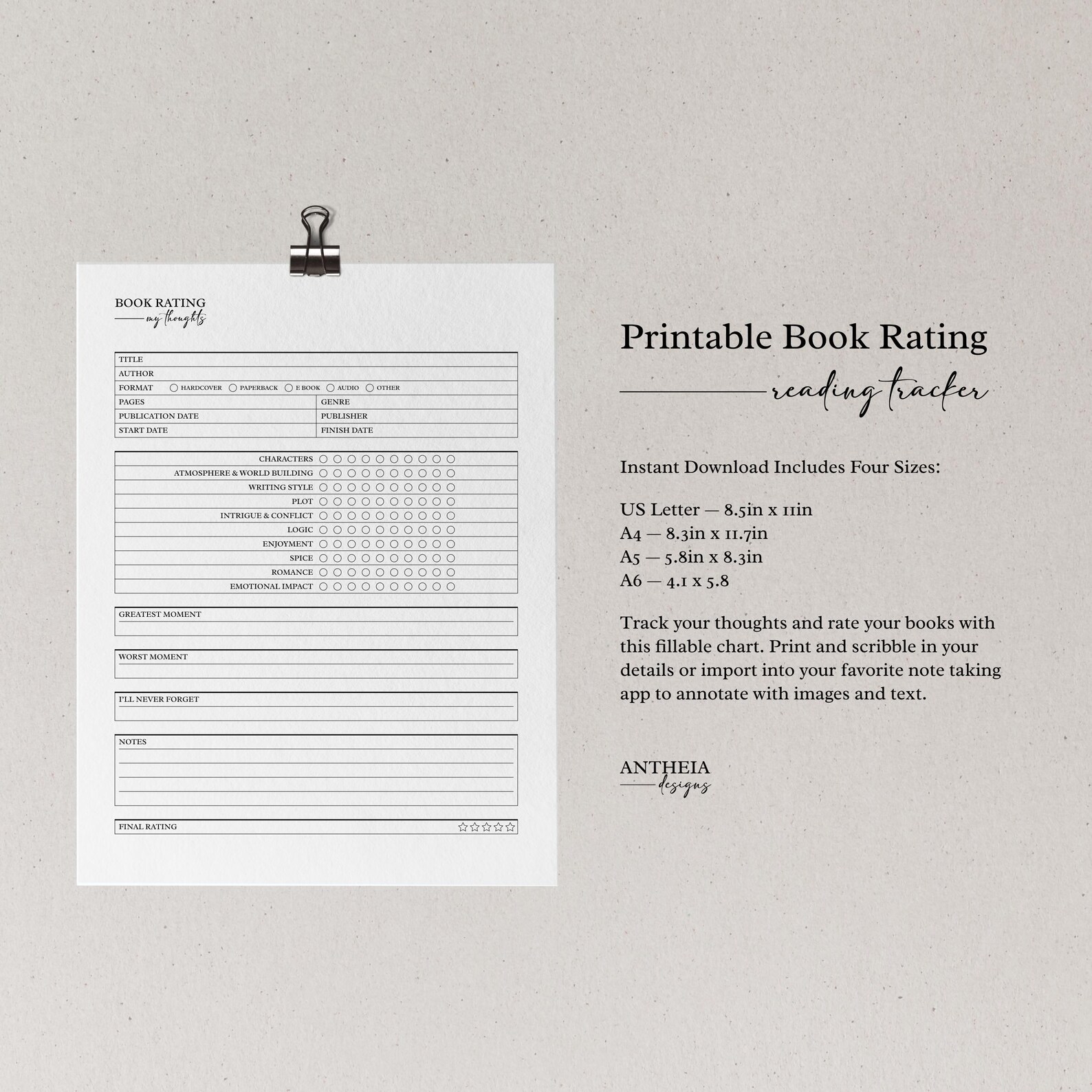 Book Rating, Printable Detailed Book Review, Book Review, Reading ...