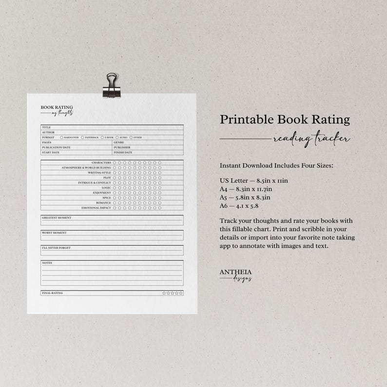 Book Rating, Printable Detailed Book Review, Book Review, Reading ...