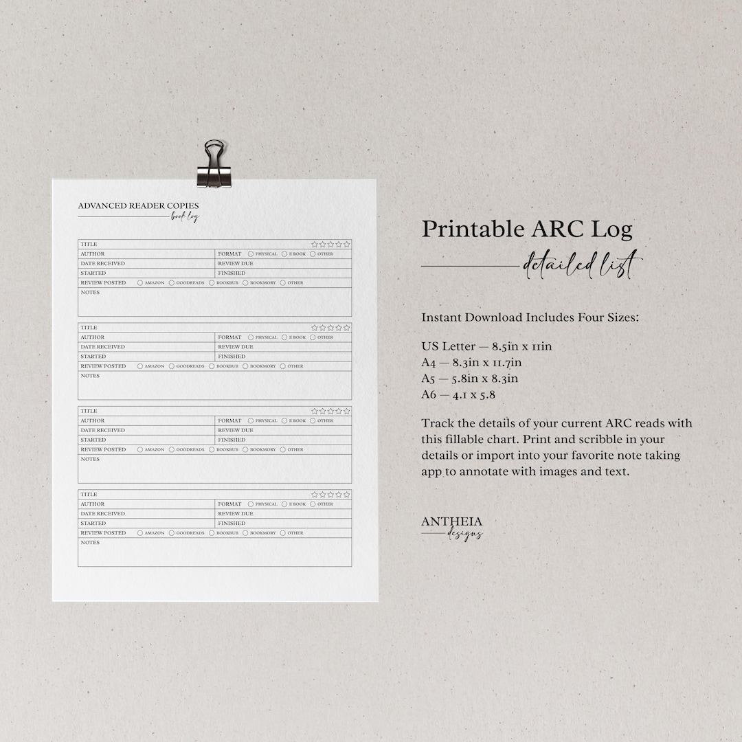 ARC Detailed Reading Log, Advanced Reader Copy Tracker, Printable Book ...