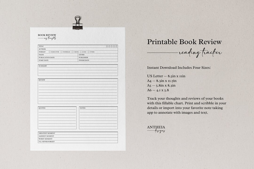 Book Review, Printable Detailed Book Review, Book Summary, Reading ...