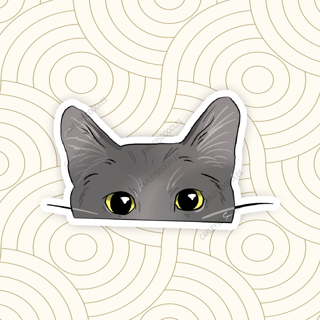 Peeking Cat Sticker Grey Cat Yellow Eyes Sticker. Good Quality Sticker ...
