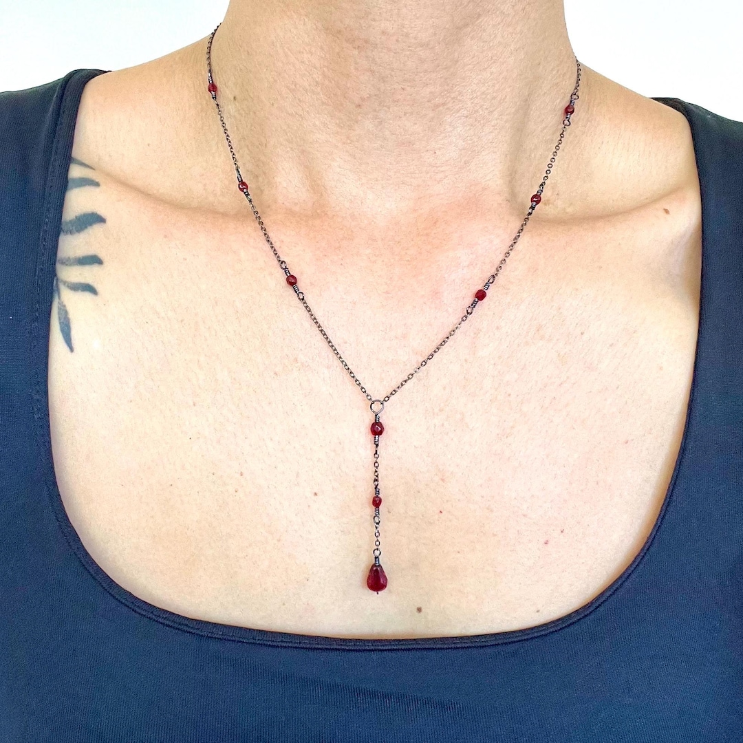 Red Crystal Drop Necklace on Delicate Gunmetal Grey or Gold Chain - Etsy