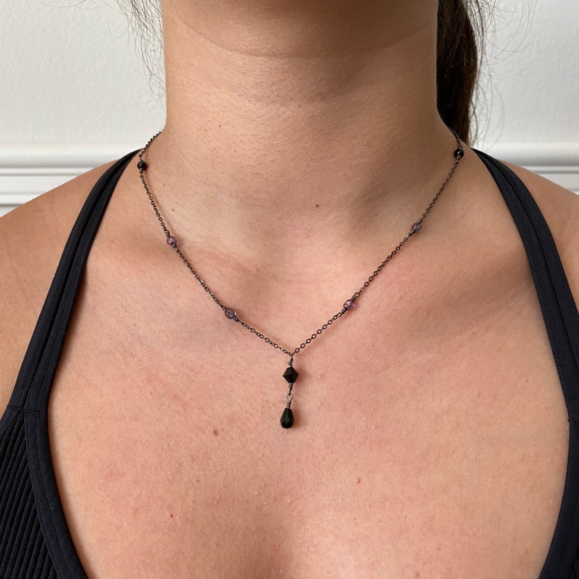 Black Crystal Pendant Necklace With Colored Crystal Accents - Etsy