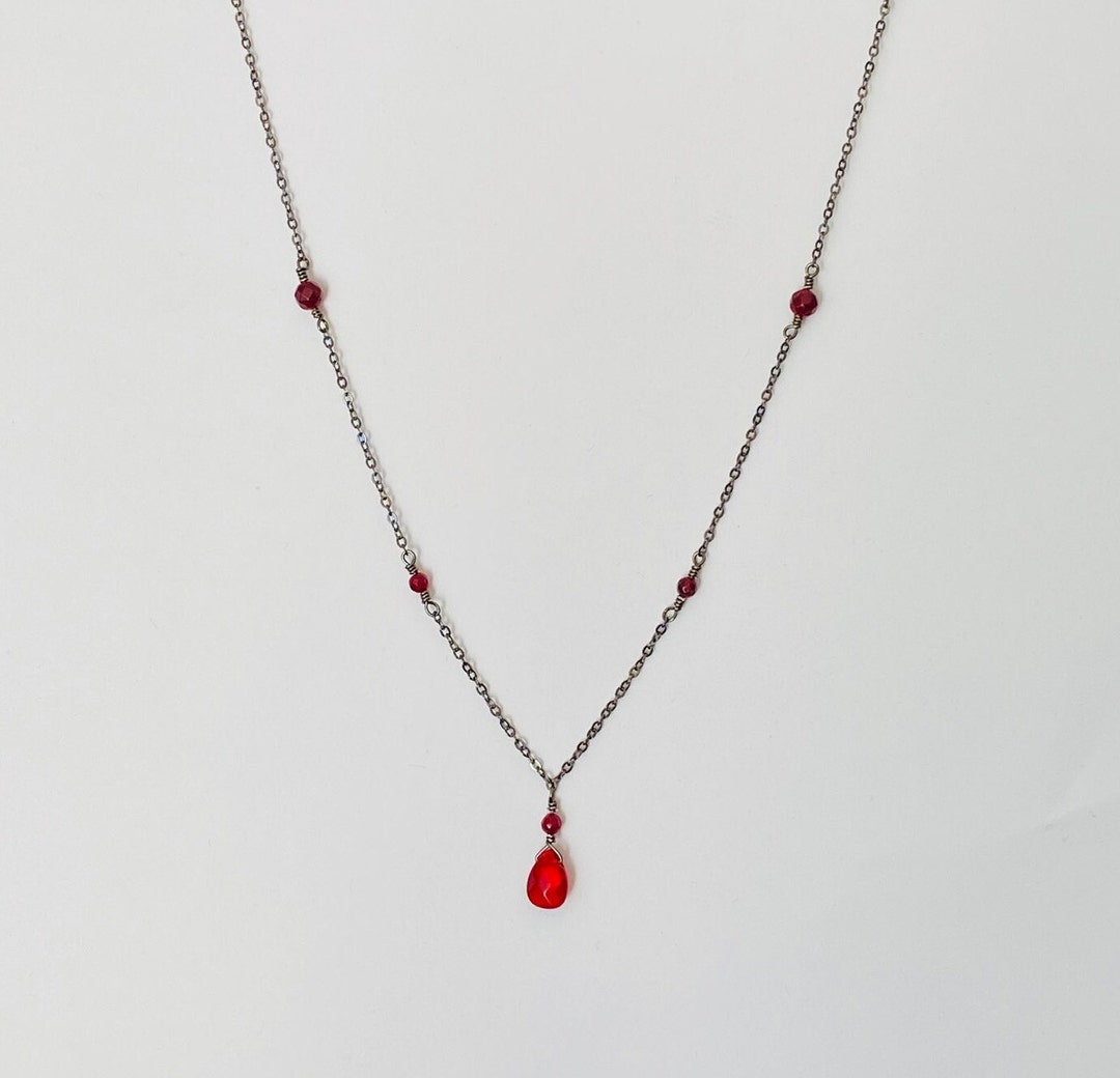 Red Crystal Drop Pendant Necklace: Grey Chain - Etsy