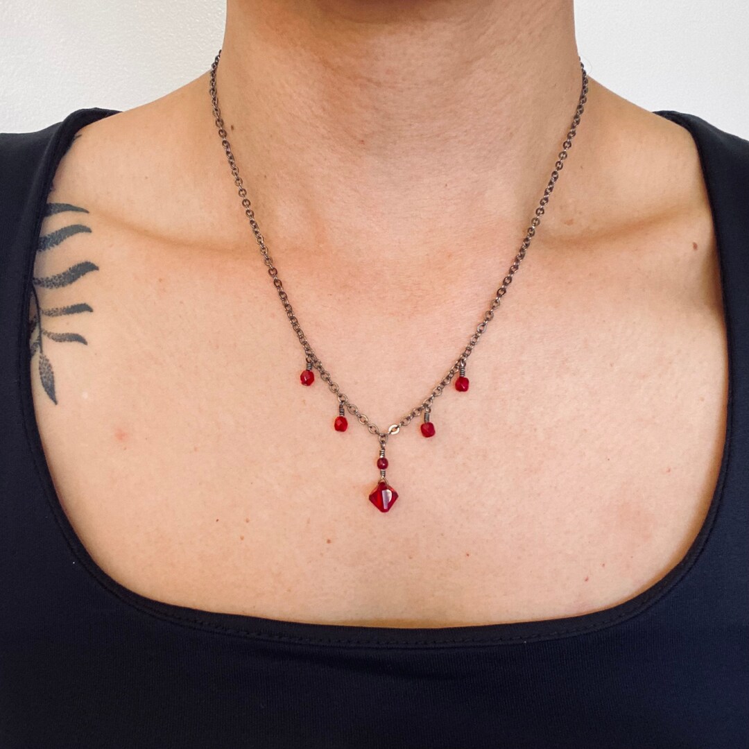 Red Swarovski Bicone Drop Crystal Necklace With Red Dangling Crystal ...