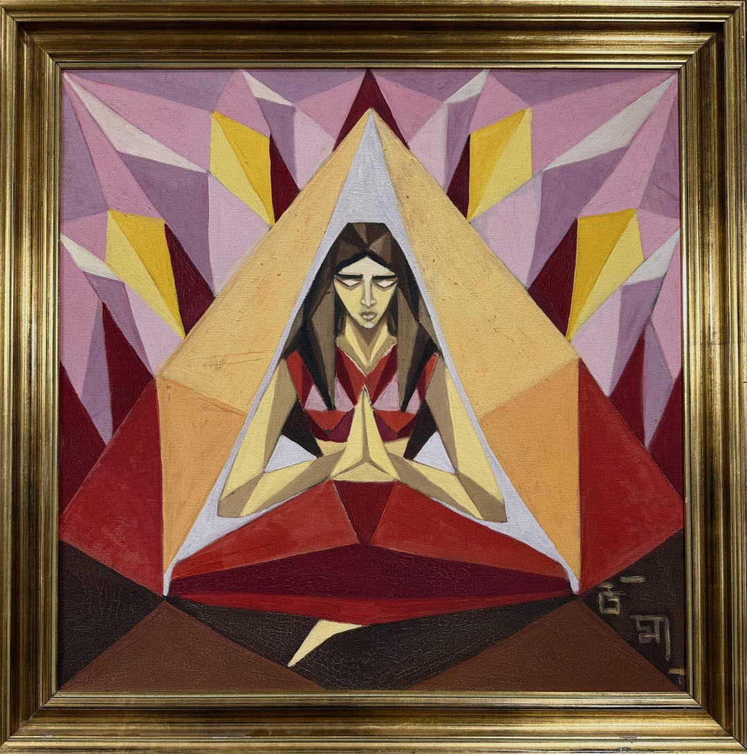 Signed Original Indian/asian Meditating Figural Portrait Cubist Oil on ...