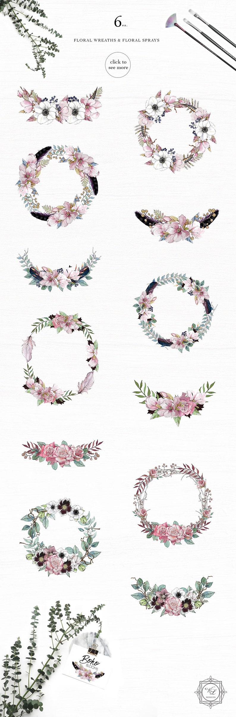 Boho Clipart Flower Clipart Boho Floral Wreaths Floral - Etsy