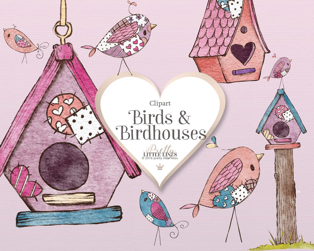 Bird and Birdhouse Clipart - 12 Hand Drawn Cute Bird Clipart and 12 ...