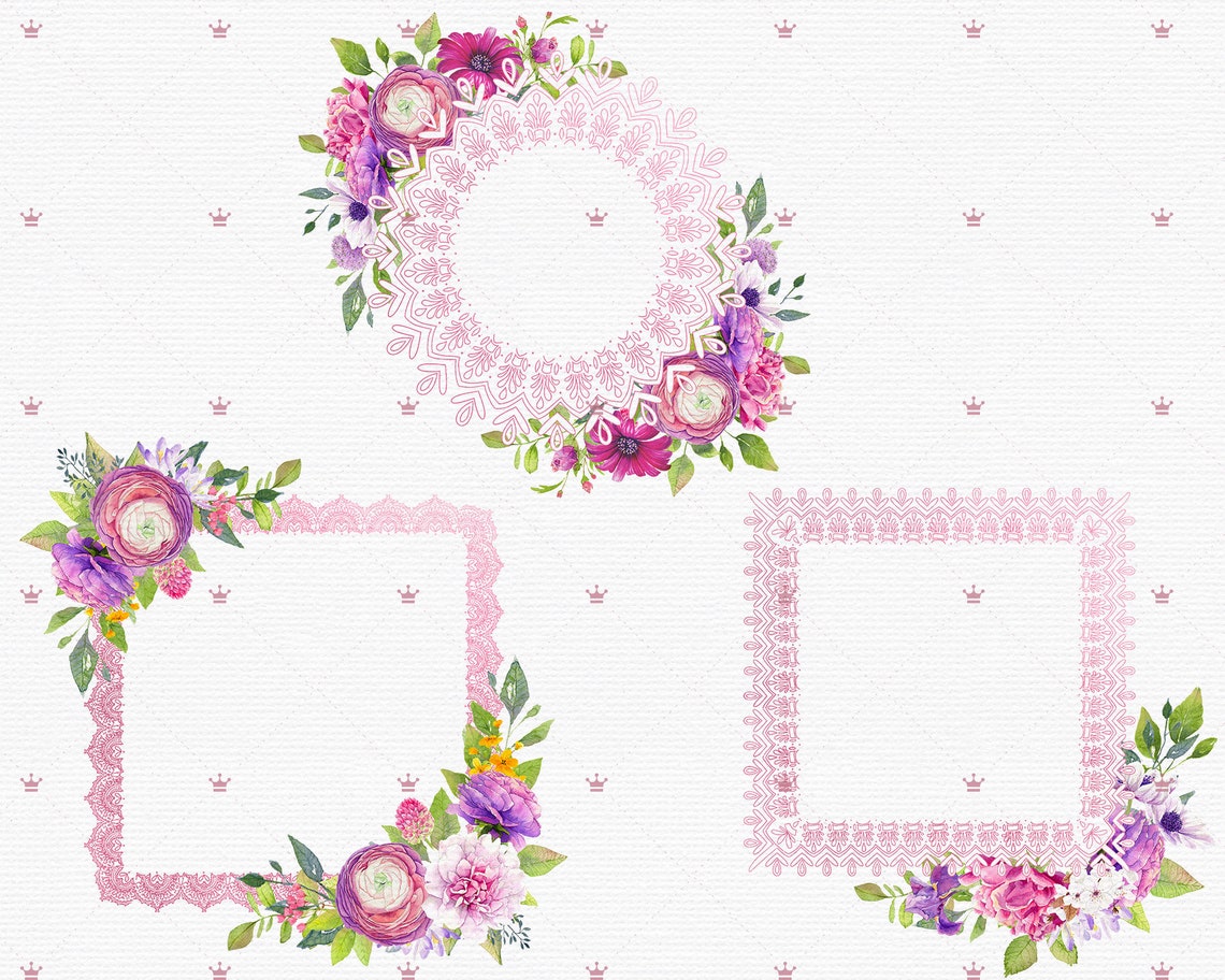 Pink Metallic Watercolor Floral Frame Clipart Png Files | Etsy