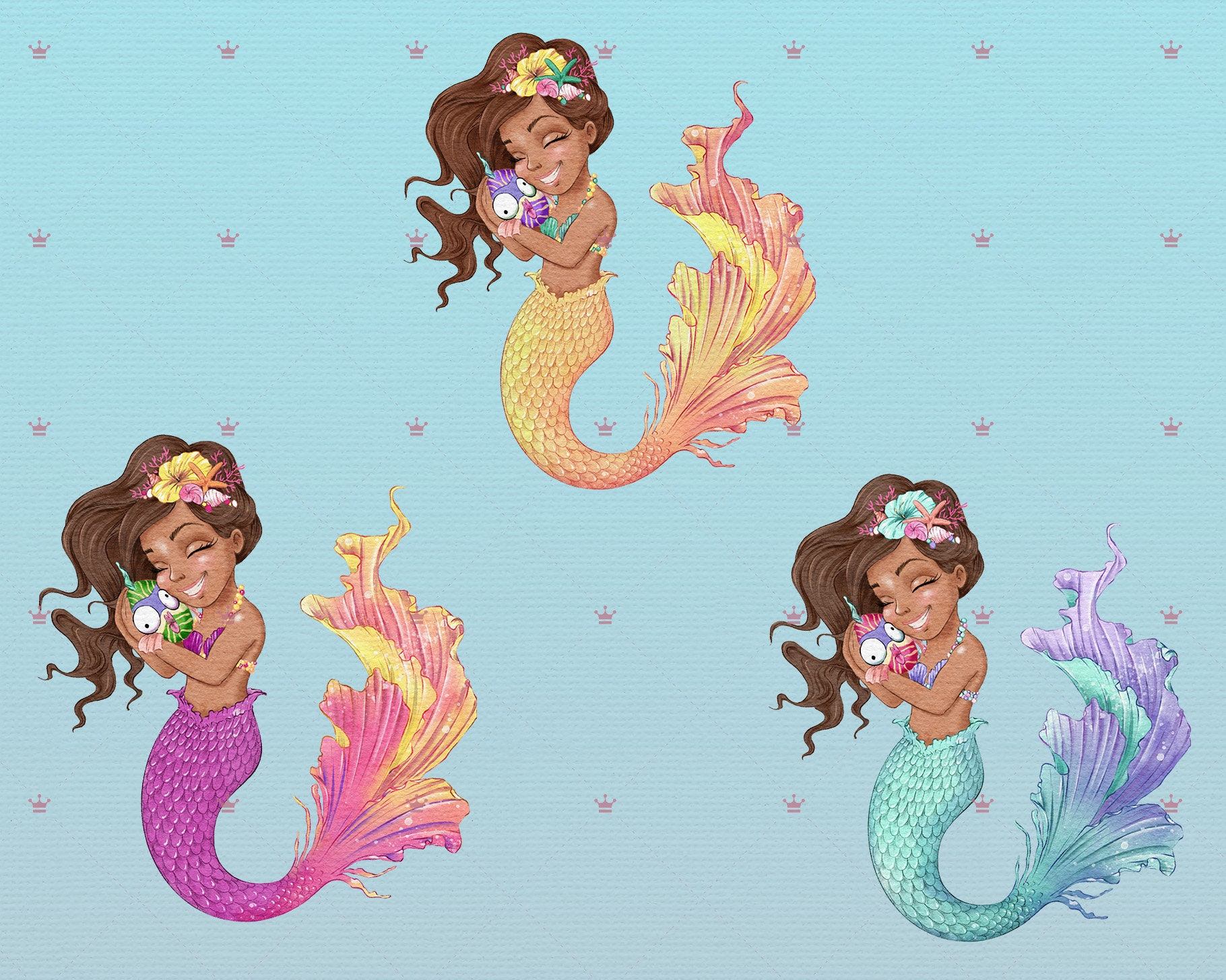 Dark Haired Mermaid Clipart – 30 PNG Illustrations (digital Download ...