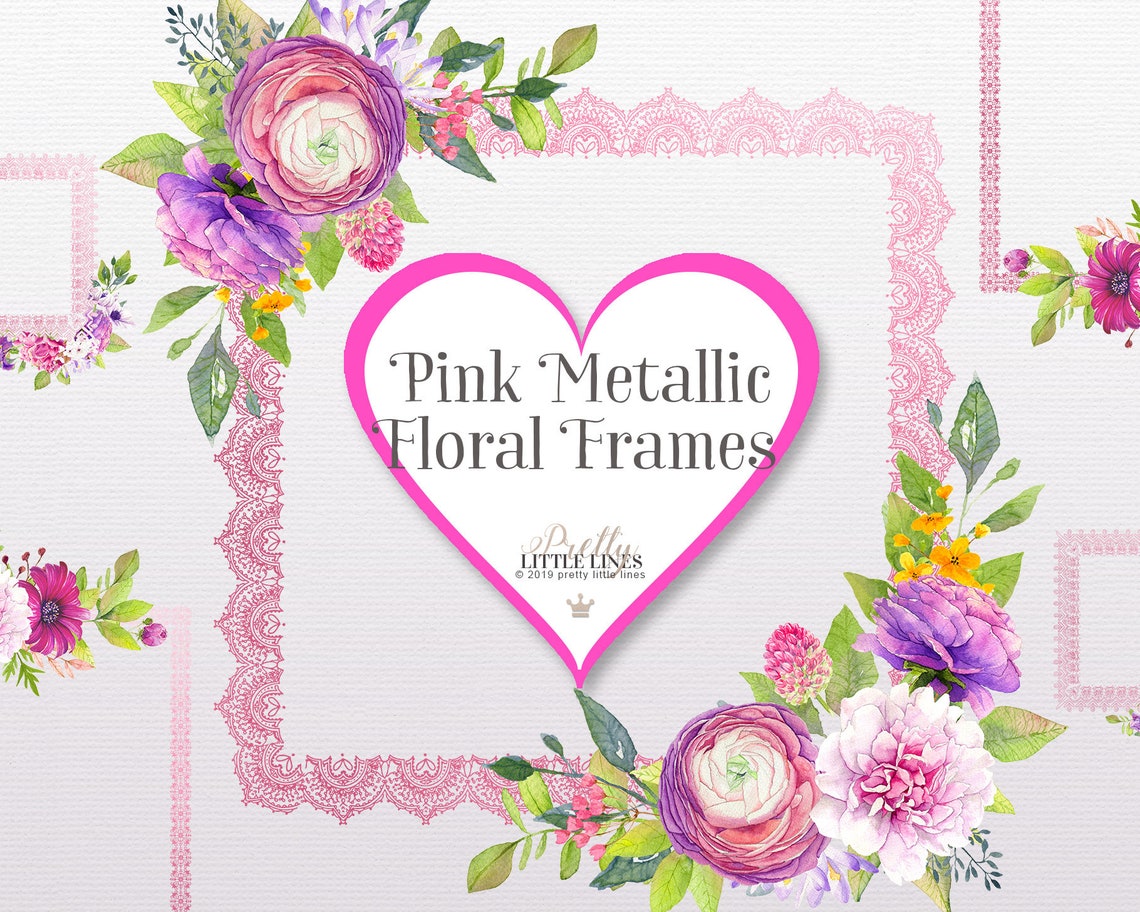 Pink Metallic Watercolor Floral Frame Clipart Png Files | Etsy