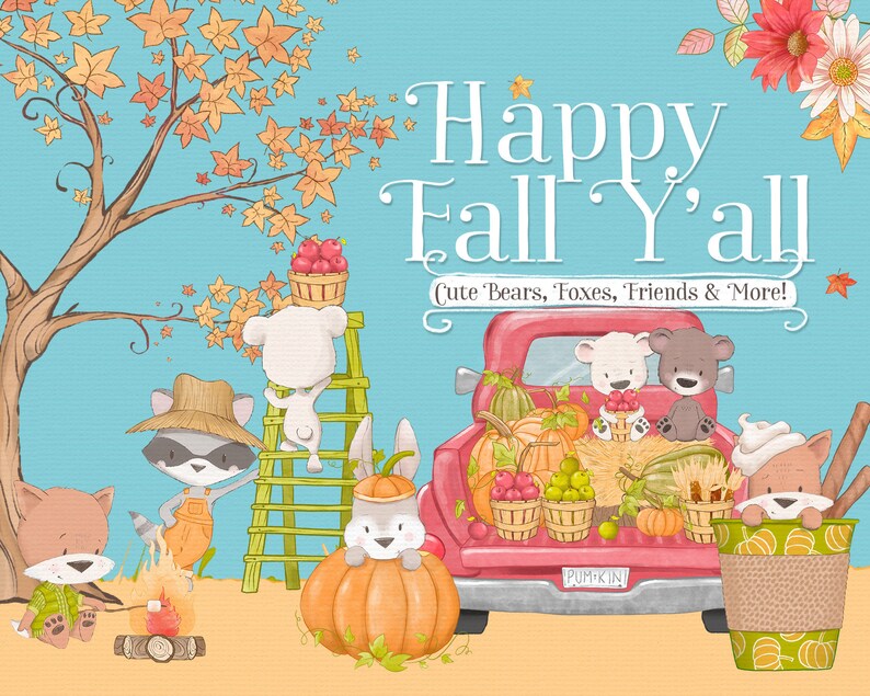 Fall Clipart Happy Fall Y'all Woodland Animals Fall - Etsy