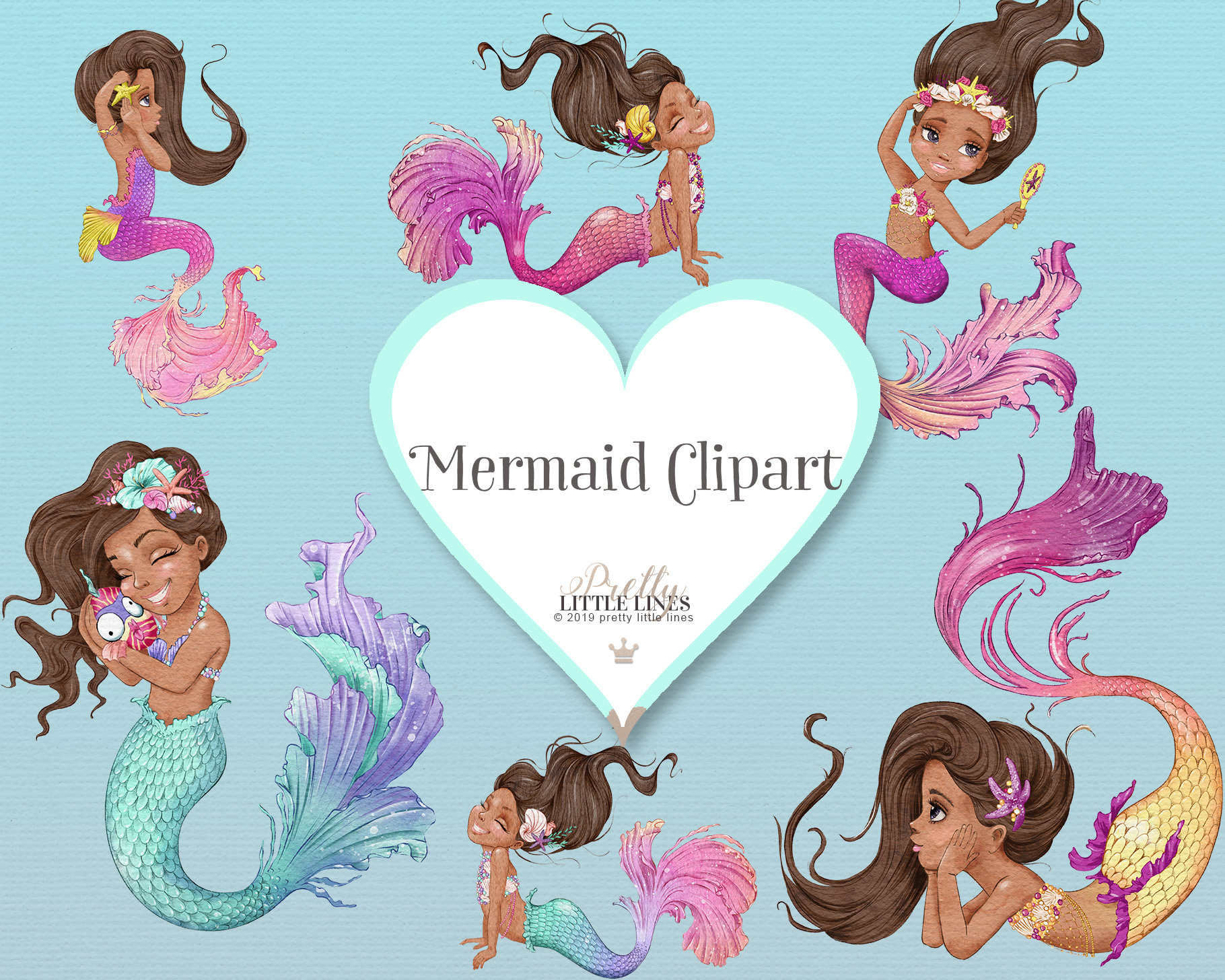 Dark Haired Mermaid Clipart 30 Mermaid Illustrations - Etsy
