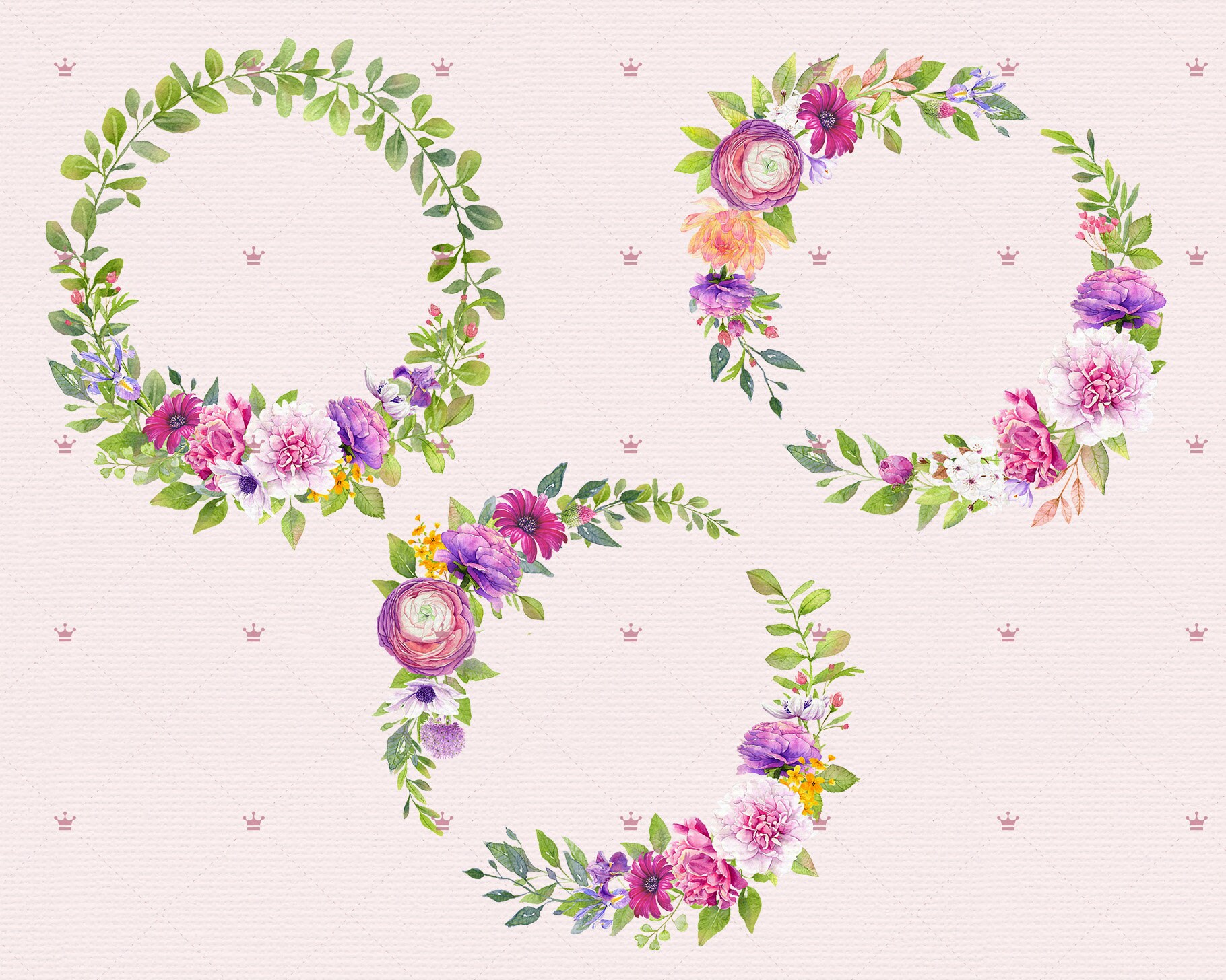 Watercolor Pink Floral Wreath Greenery Clipart Pink Fuchia - Etsy