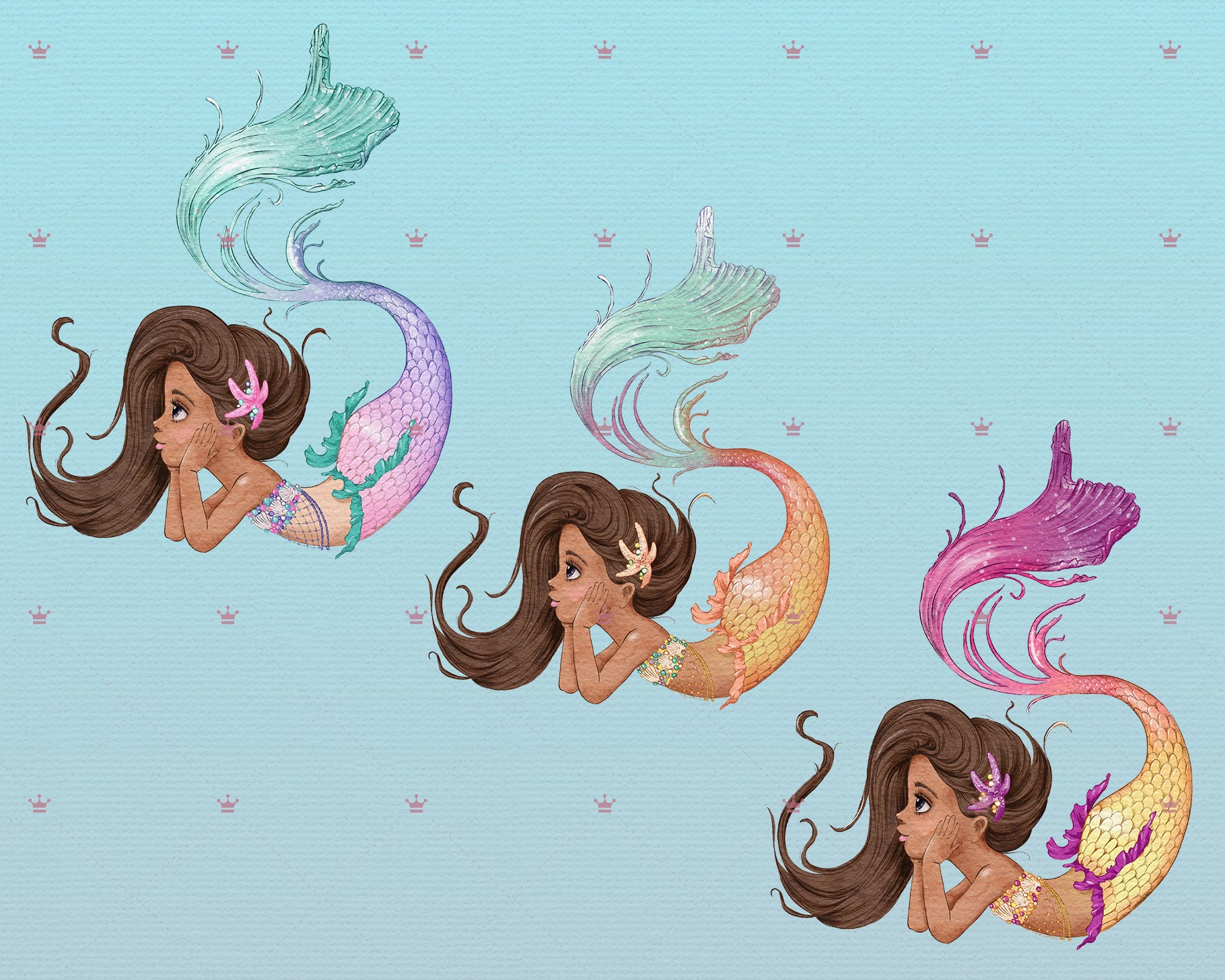 Dark Haired Mermaid Clipart – 30 PNG Illustrations (digital Download ...