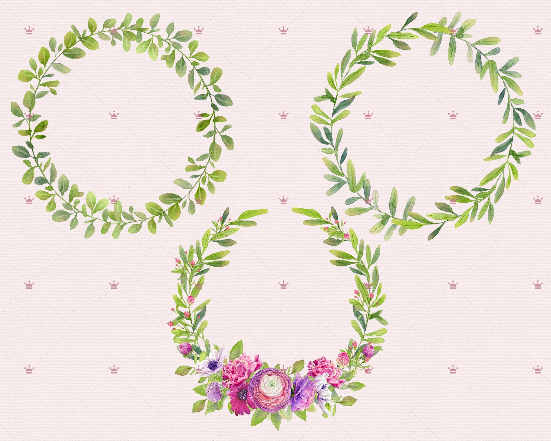 Watercolor Pink Floral Wreath Greenery Clipart Pink Fuchia - Etsy