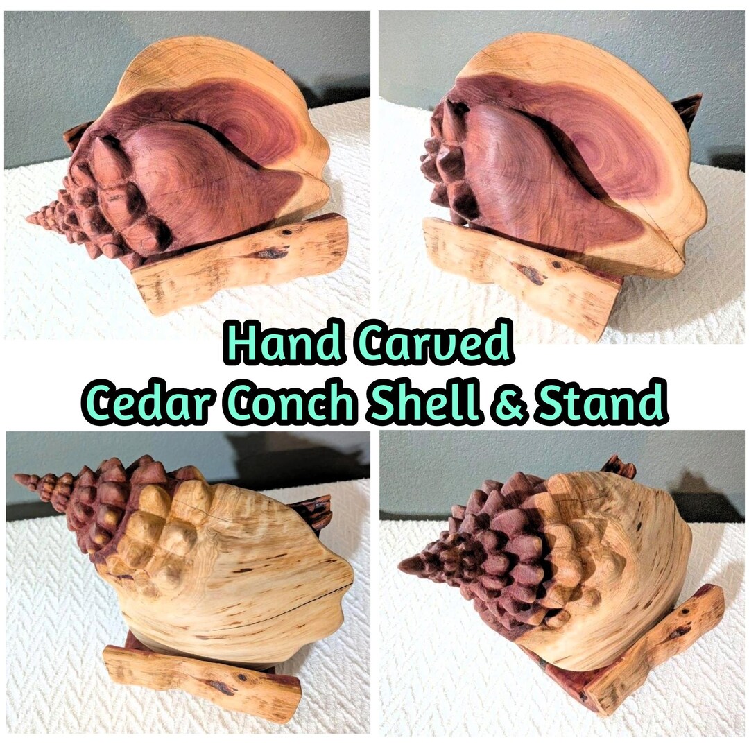 Hand Carved Cedar Conch Shell & Stand, Eastern Aromatic Red Cedar Art ...