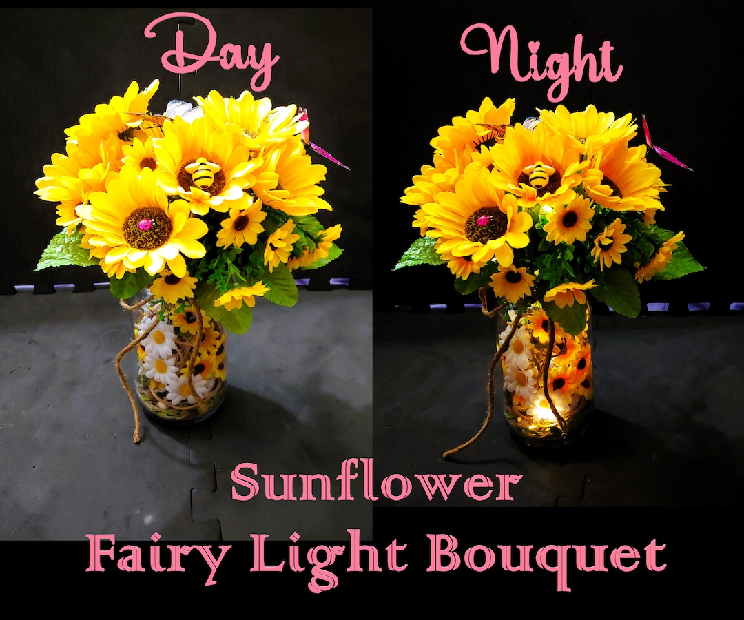 Lighted Sunflower Bouquet, 13 Sunflower Centerpiece, Fairy Light Bouquet, Mason Jar Bouquet ...