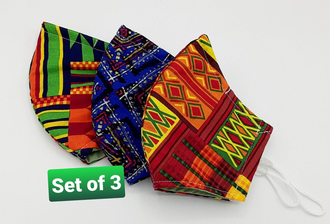 Set of 3 African Prints Face Masks. Triple Layers Cotton With Nose Wire ...
