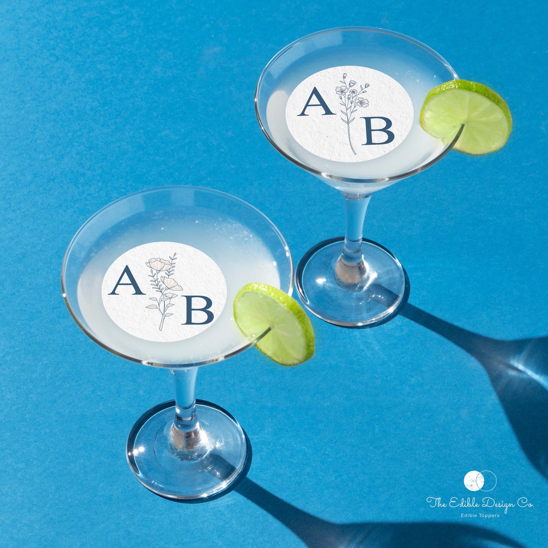 Edible Wedding DRINK Toppers Custom Initials With Floral Accents ...