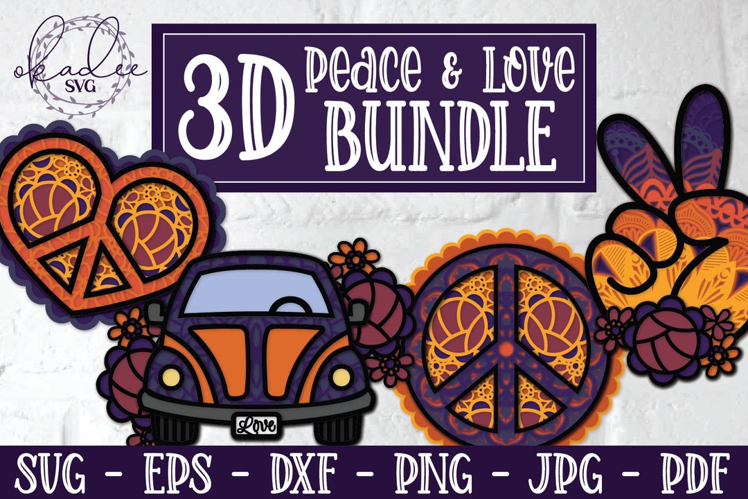 3D Peace and Love Mandala Bundle, 3D Mandala SVG, 3D Love Bug, Layered ...