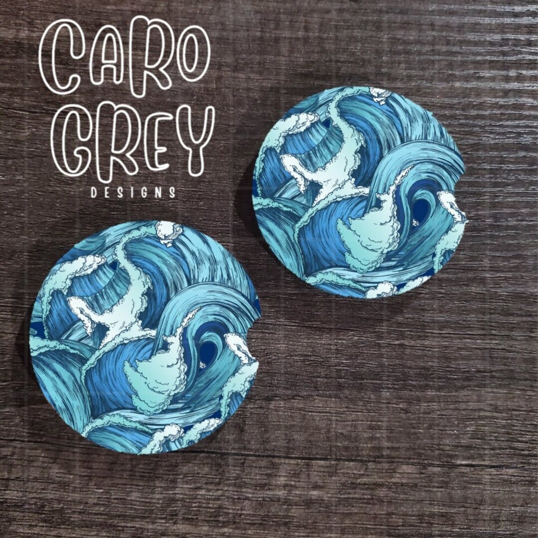 Ocean Wave Car Coasters | Beach Blue Cup Holder | Sea Coastal Car ...