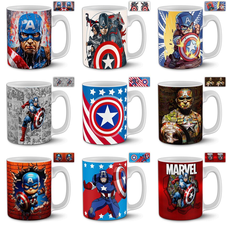 30 Captain America Mug Design Bundle. Superhero 11oz Mug Sublimation ...