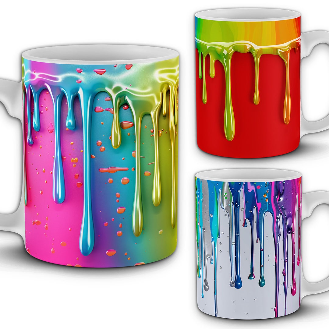 30 3D Colorful Dripping Paint Mug Design Bundle. PNG Rainbow Artist ...