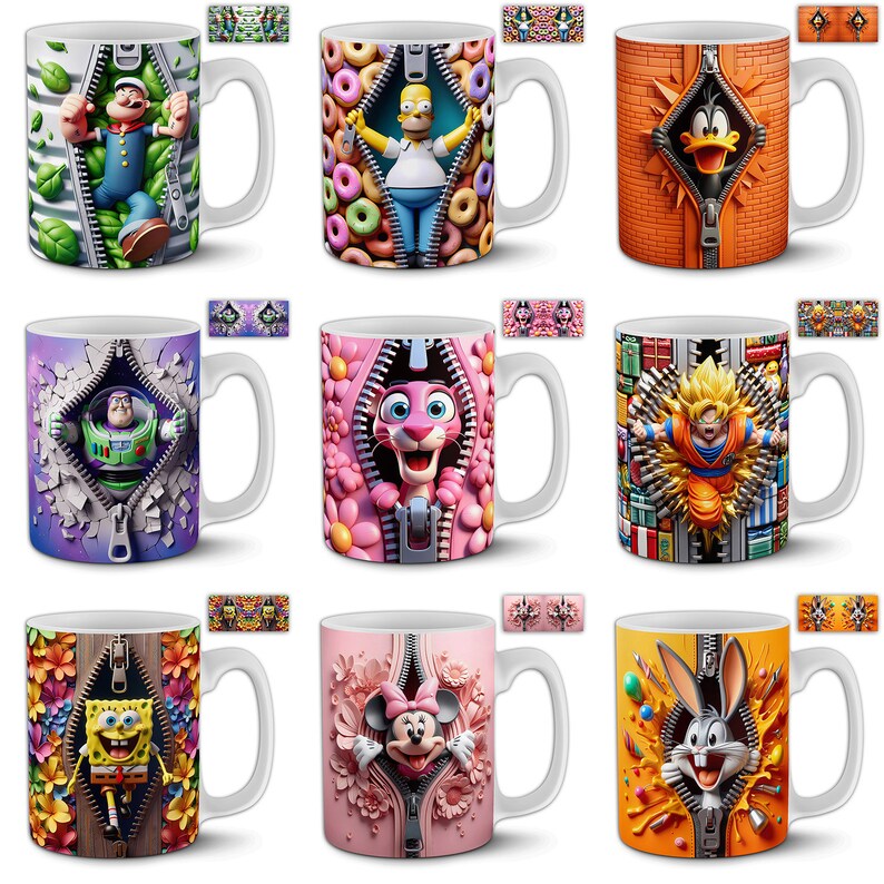 20 3D Cartoon Zipper Mug Design Bundle. 11oz PNG Sublimation Pack. Mug ...