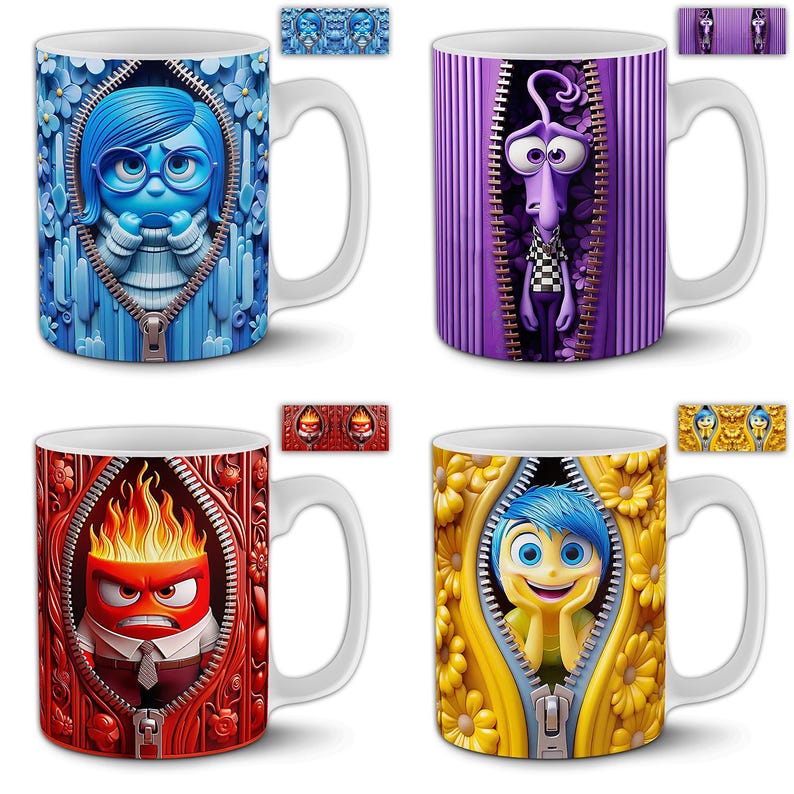 3D Cartoon Emotions 11oz Mug Design Bundle. 9 PNG Sublimation Mug Wraps ...