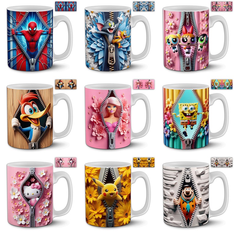 20 3D Cartoon Zipper Mug Design Bundle. 11oz PNG Sublimation Pack. Mug ...