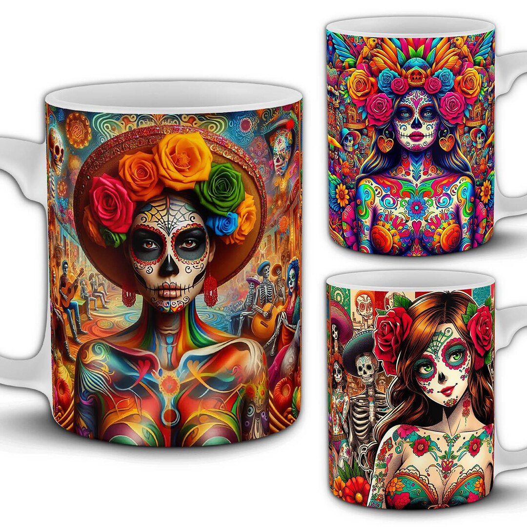 40 Catrina 11oz Mug Design Bundle. Day of the Dead PNG Mug Wraps ...