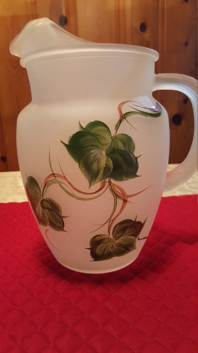 BEAUTIFUL Vintage Frosted Glass Pitcher With Hand Painted - Etsy